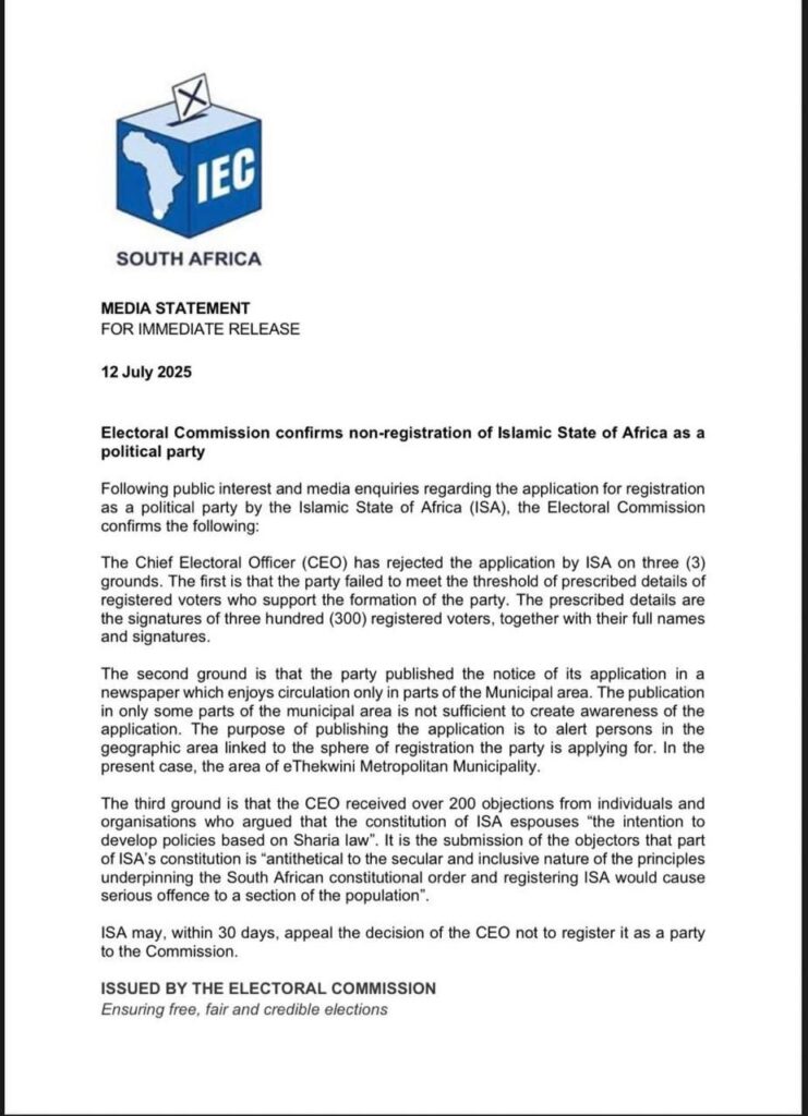 Summary of registration of Islamic State of Africa party - Dear South ...